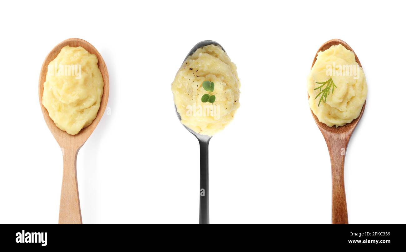 Set with spoons of tasty mashed potatoes on white background, top view ...