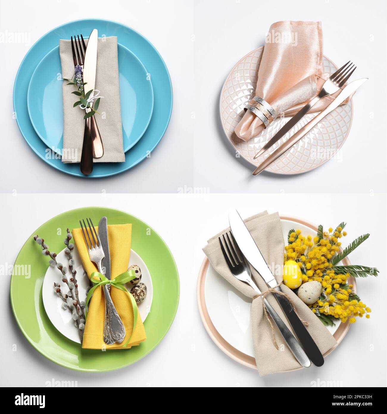 Set with examples of different beautiful table settings on white ...
