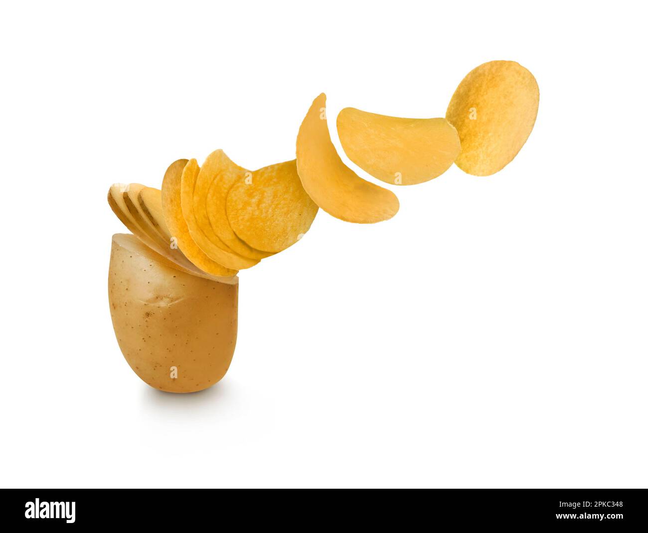 Raw potato turning into tasty crispy chips on white background Stock ...