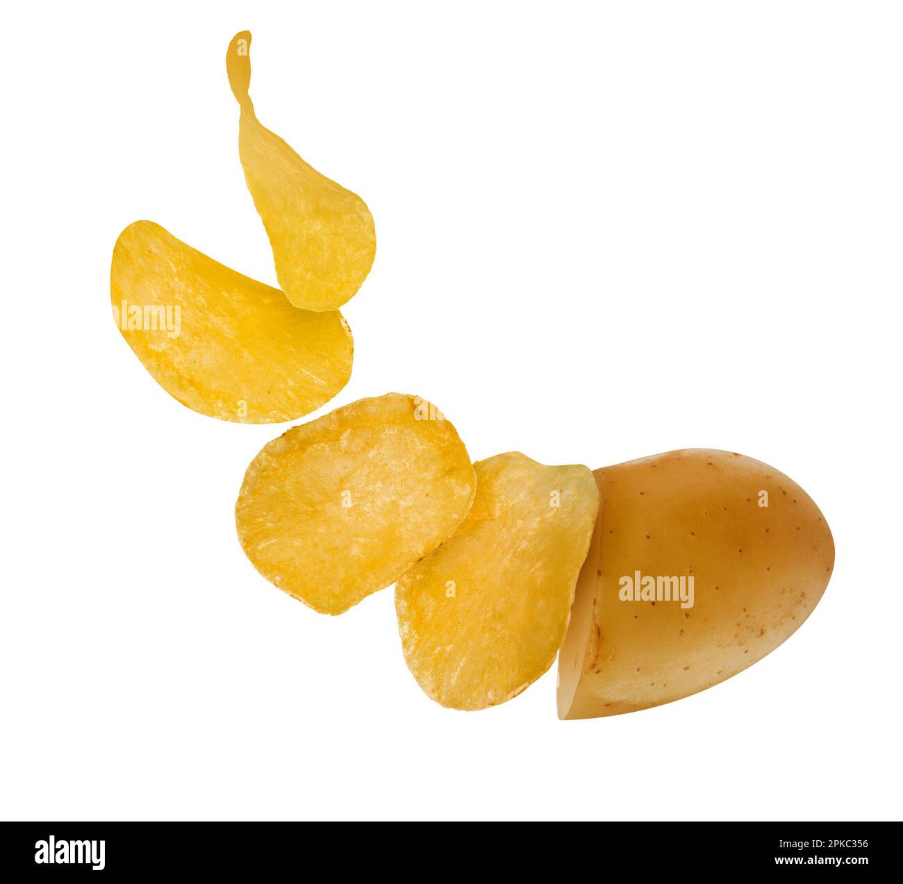 Raw potato turning into tasty crispy chips on white background Stock ...