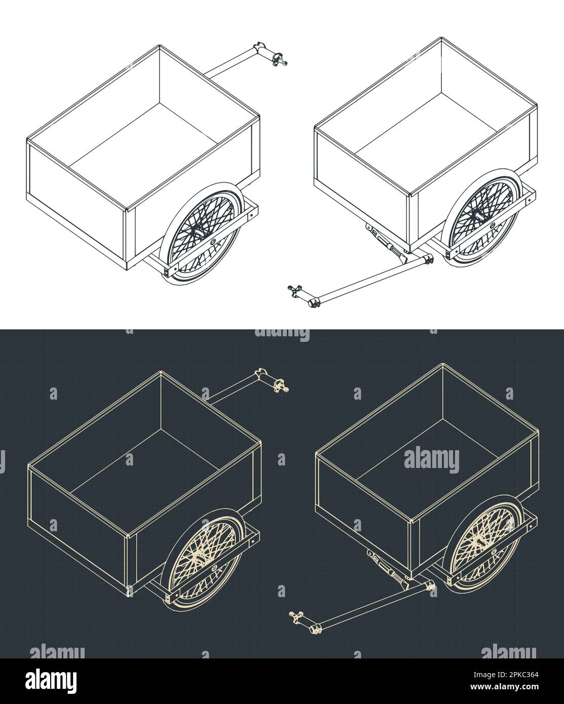 Stylized vector illustration of isometric blueprints of bike trailer ...
