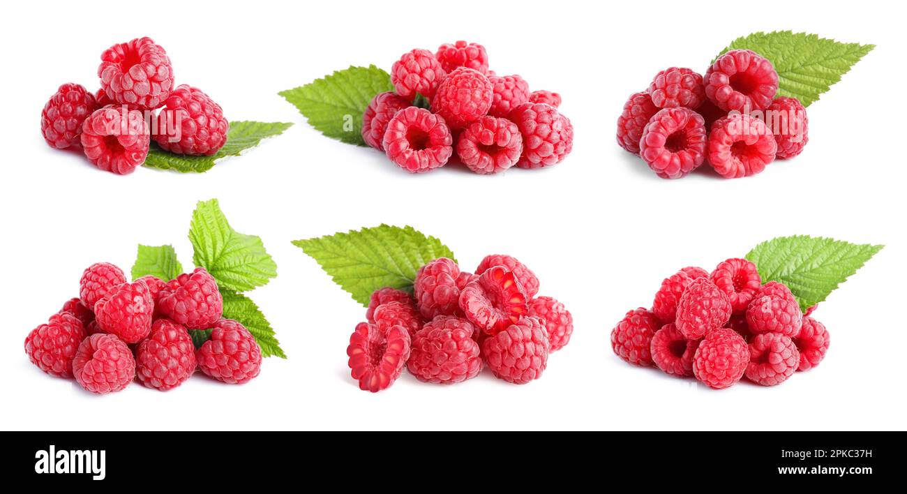 Set with heaps of delicious ripe raspberries on white background ...