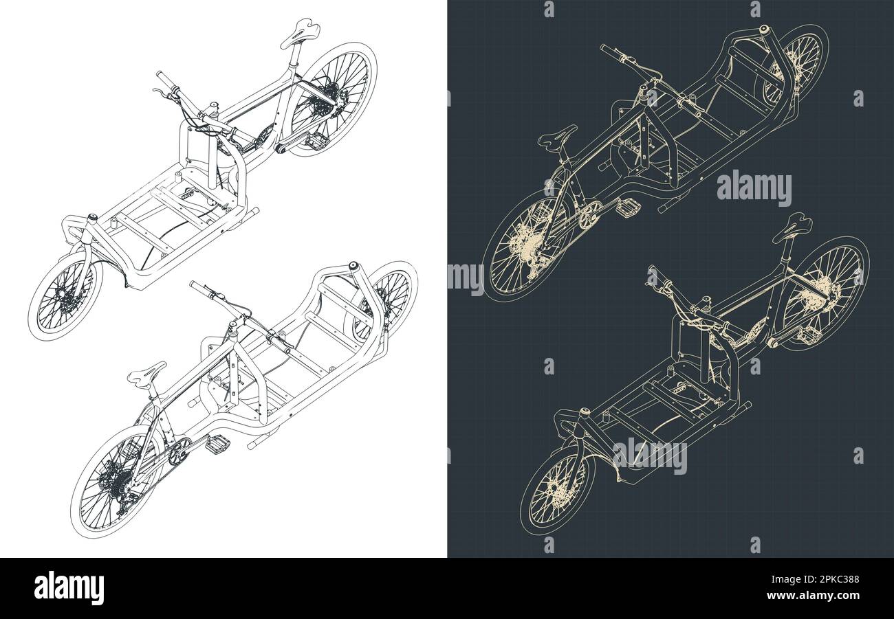 Stylized vector illustration of isometric blueprints of cargo bike ...