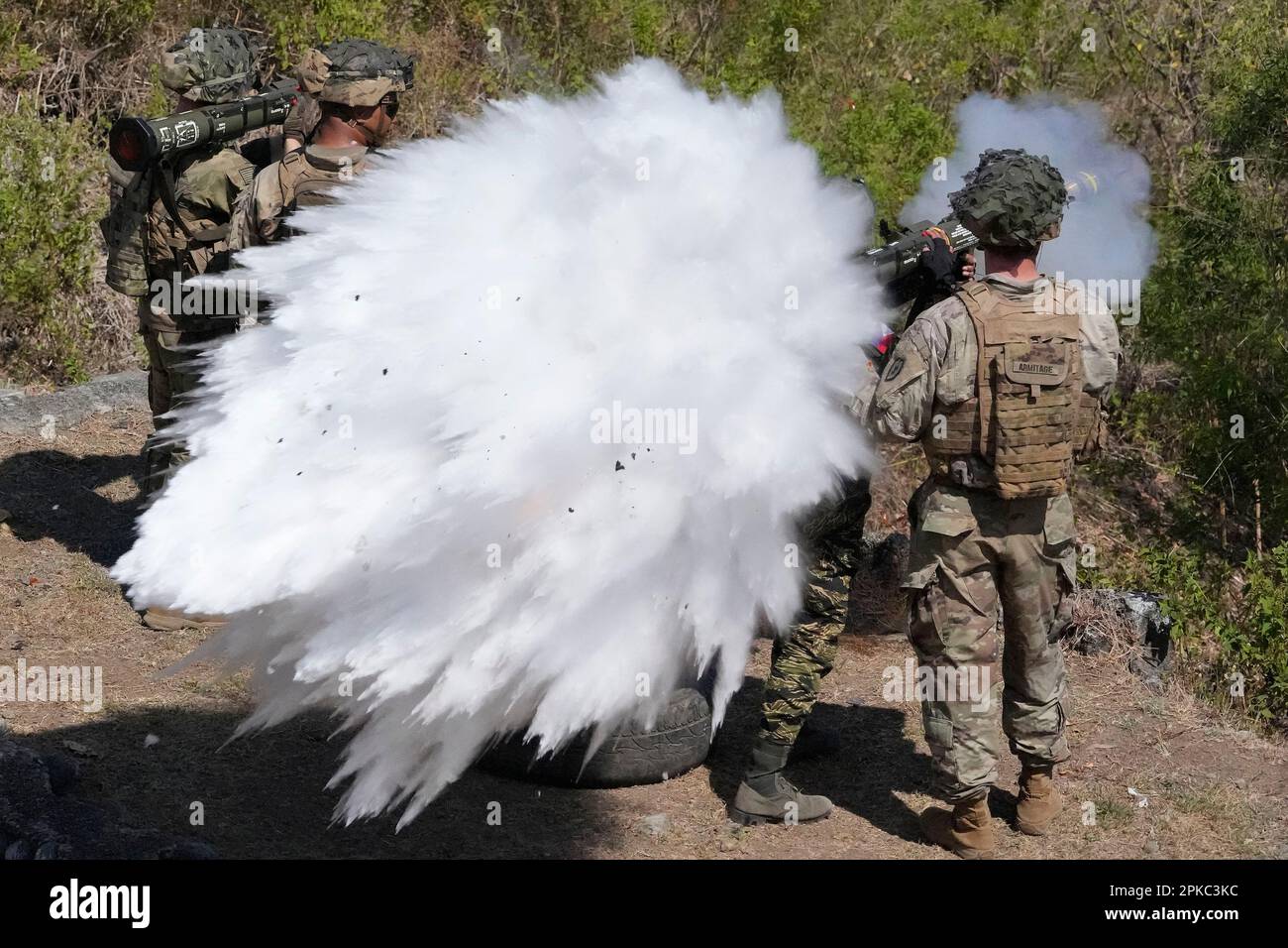 A Filipino soldier fires an AT-4 84mm anti-tank rocket with the ...