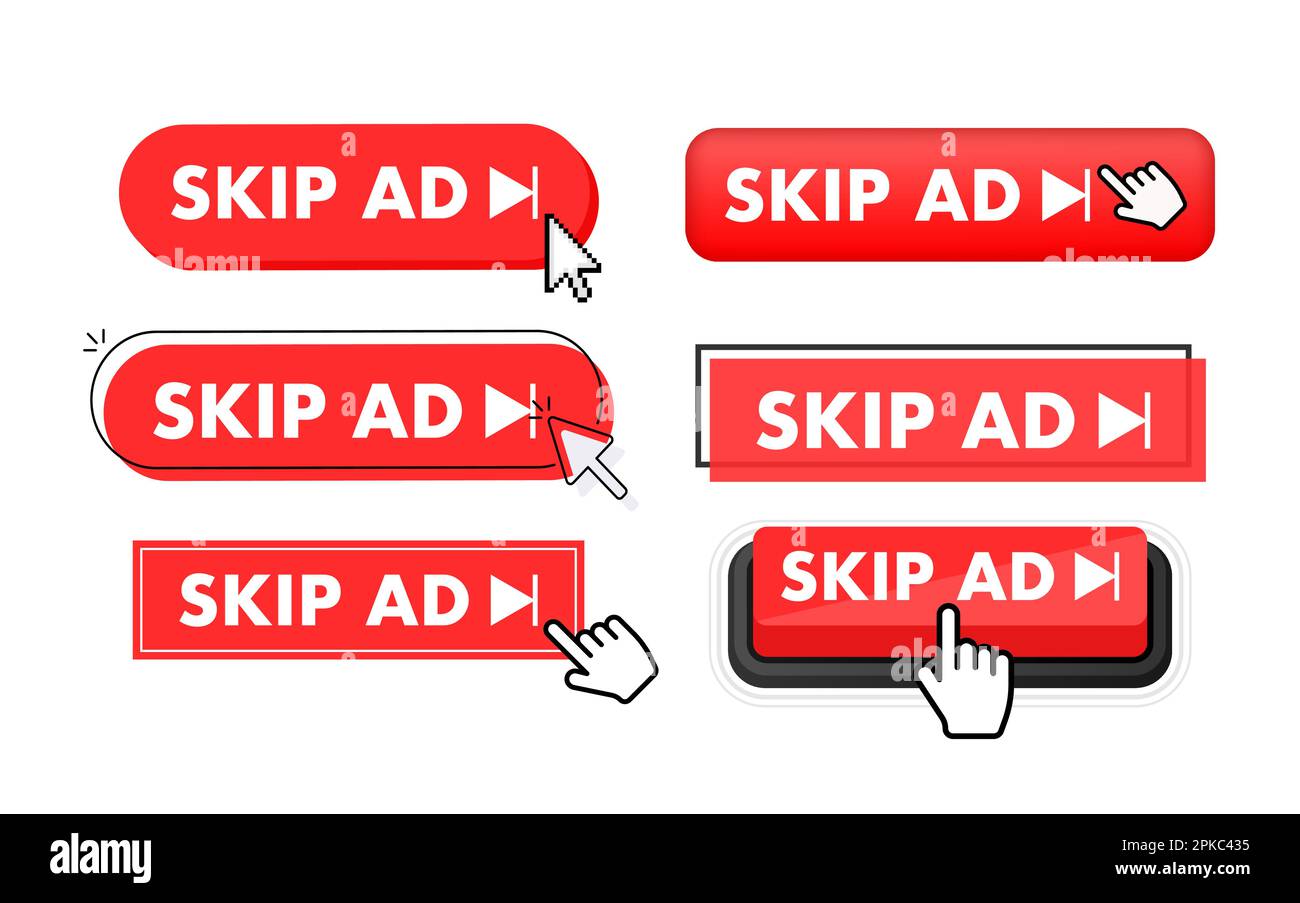 Set of Skip ad button. Hand pointer clicking. Skip ad web buttons Stock Vector Image & Art - Alamy