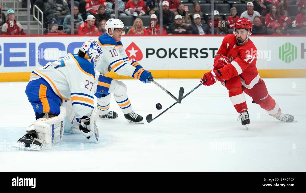 Buffalo Sabres goaltender Devon Levi (27) stops a Detroit Red Wings ...