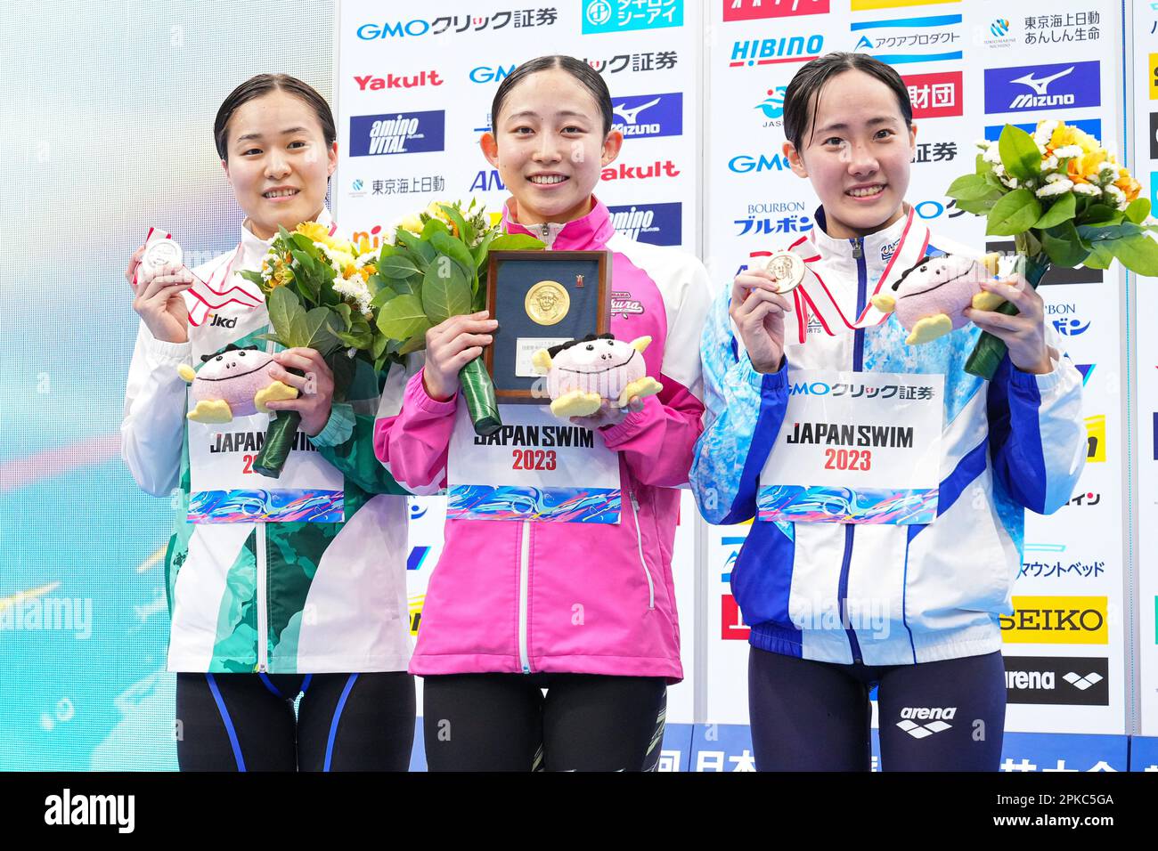 Tokyo, Japan. 6th Apr, 2023. (L-R) Hiroko Makino, Airi Mitsui, Chiho Mizuguchi Swimming : Japan ...