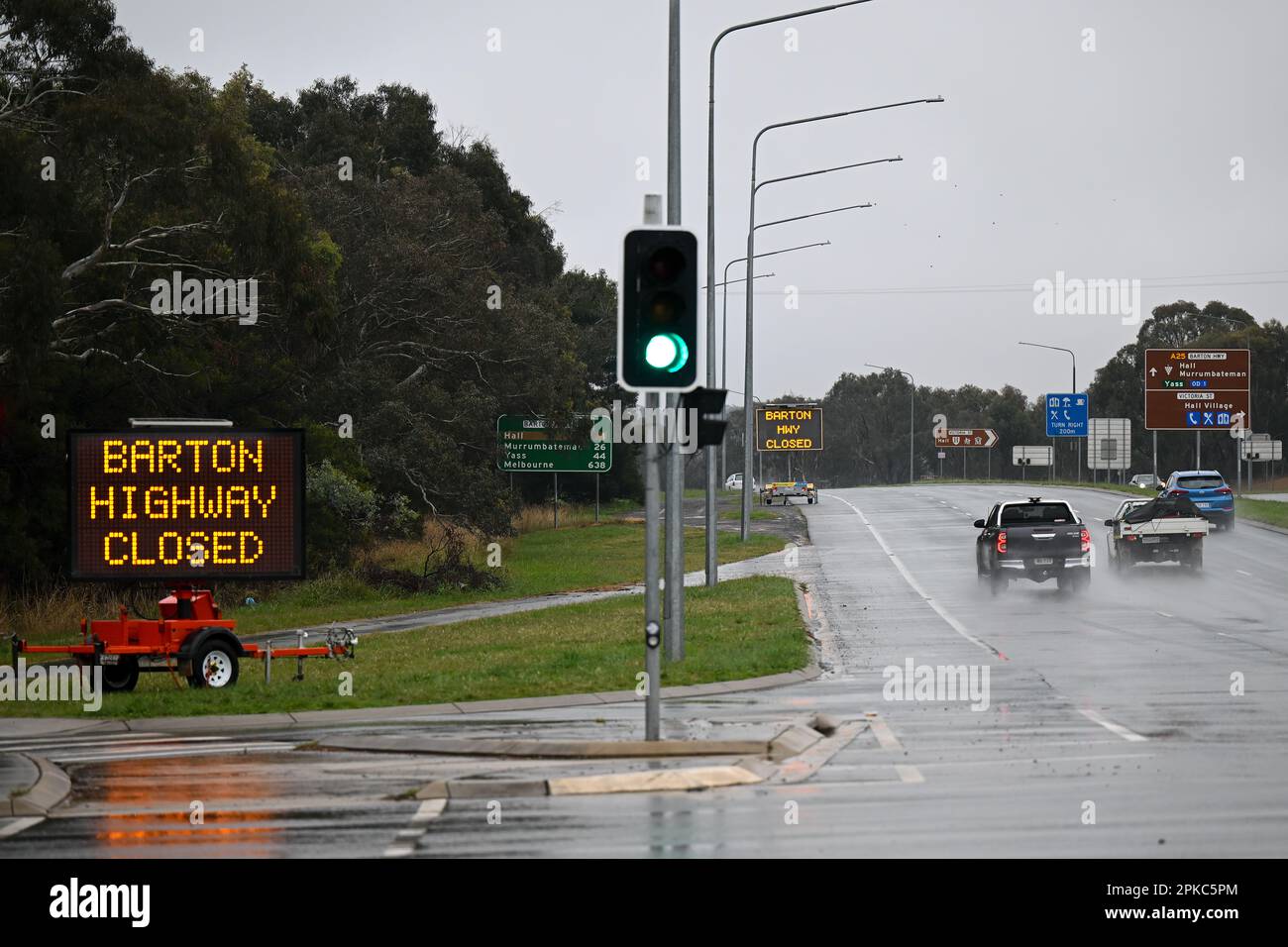 A road closure sign is seen between the town of Hall and Murrumbateman ...