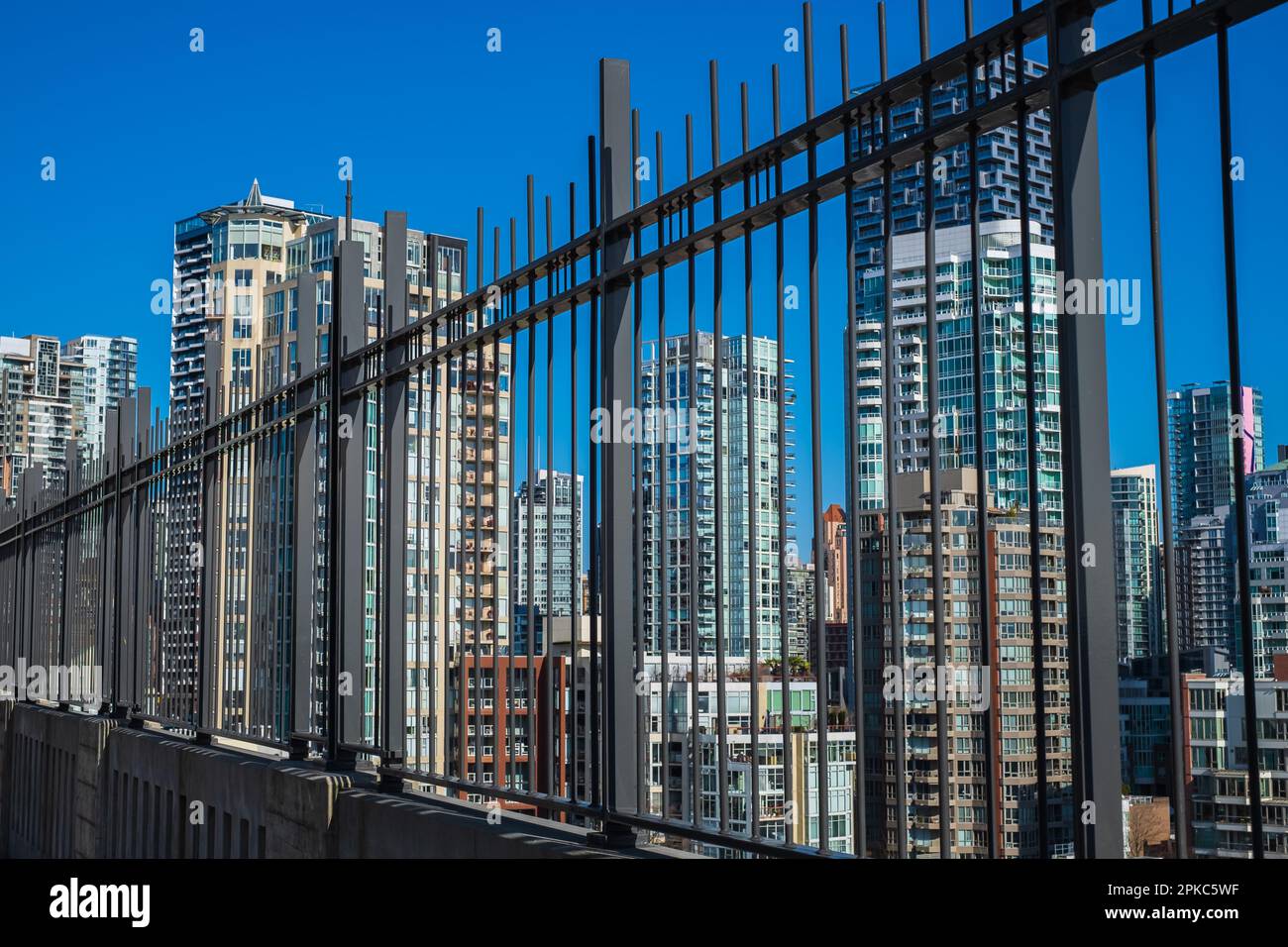 City scene with many tall office and residencial buildings. The high ...