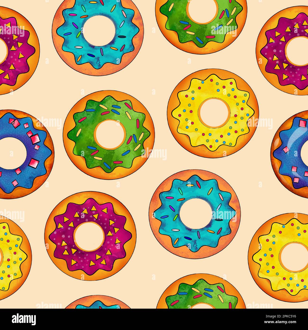 Seamless pattern of donuts multi colored on a beige background ...