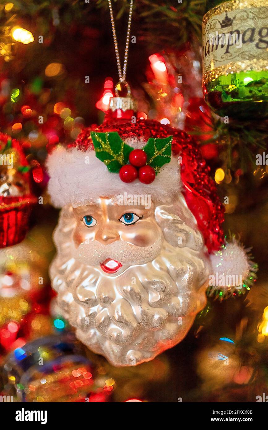 Old Santa Claus Ornament Hanging On Christmas Tree Still Life Stock ...