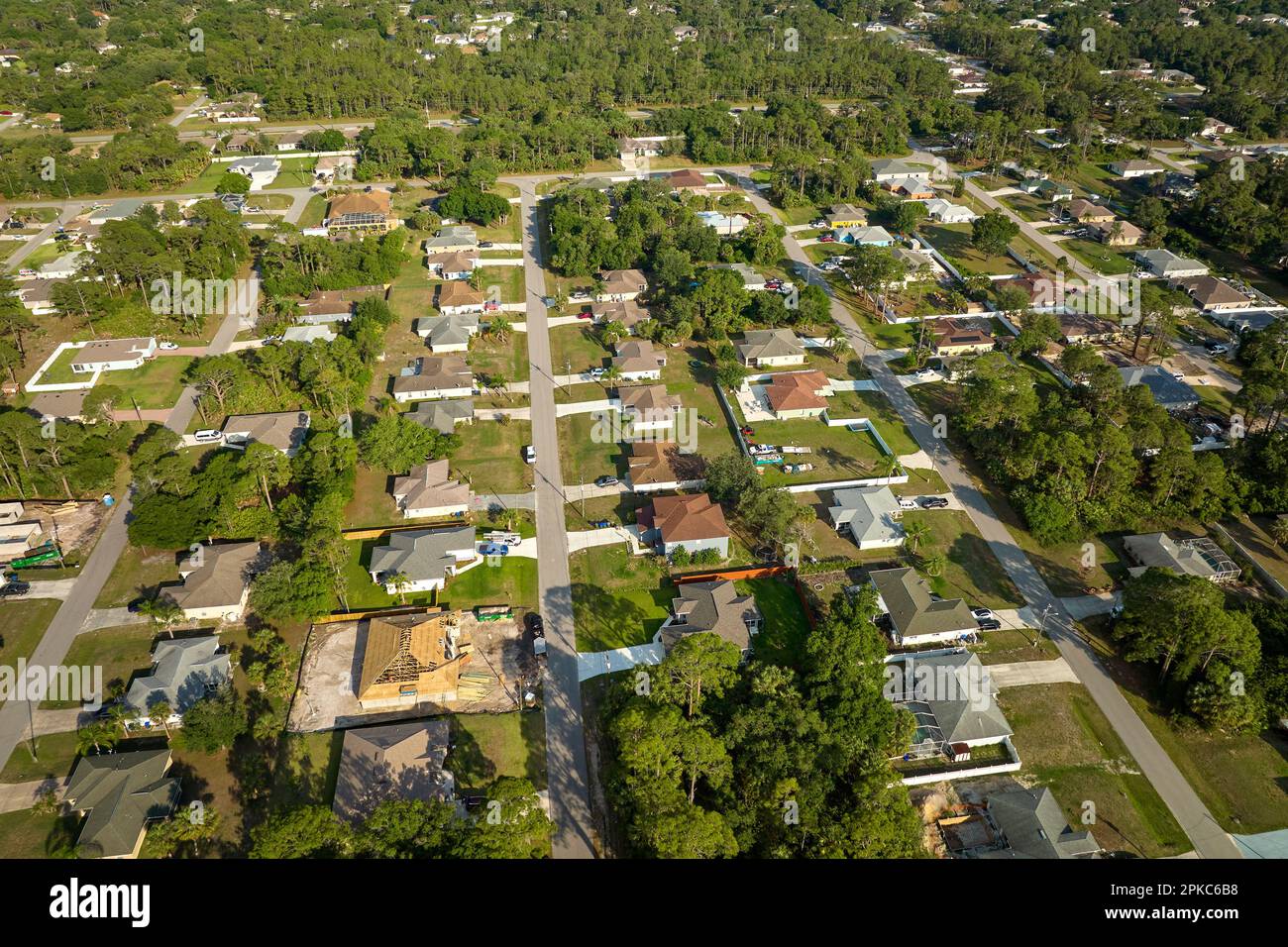 Aerial view of suburban landscape with private homes between green palm ...