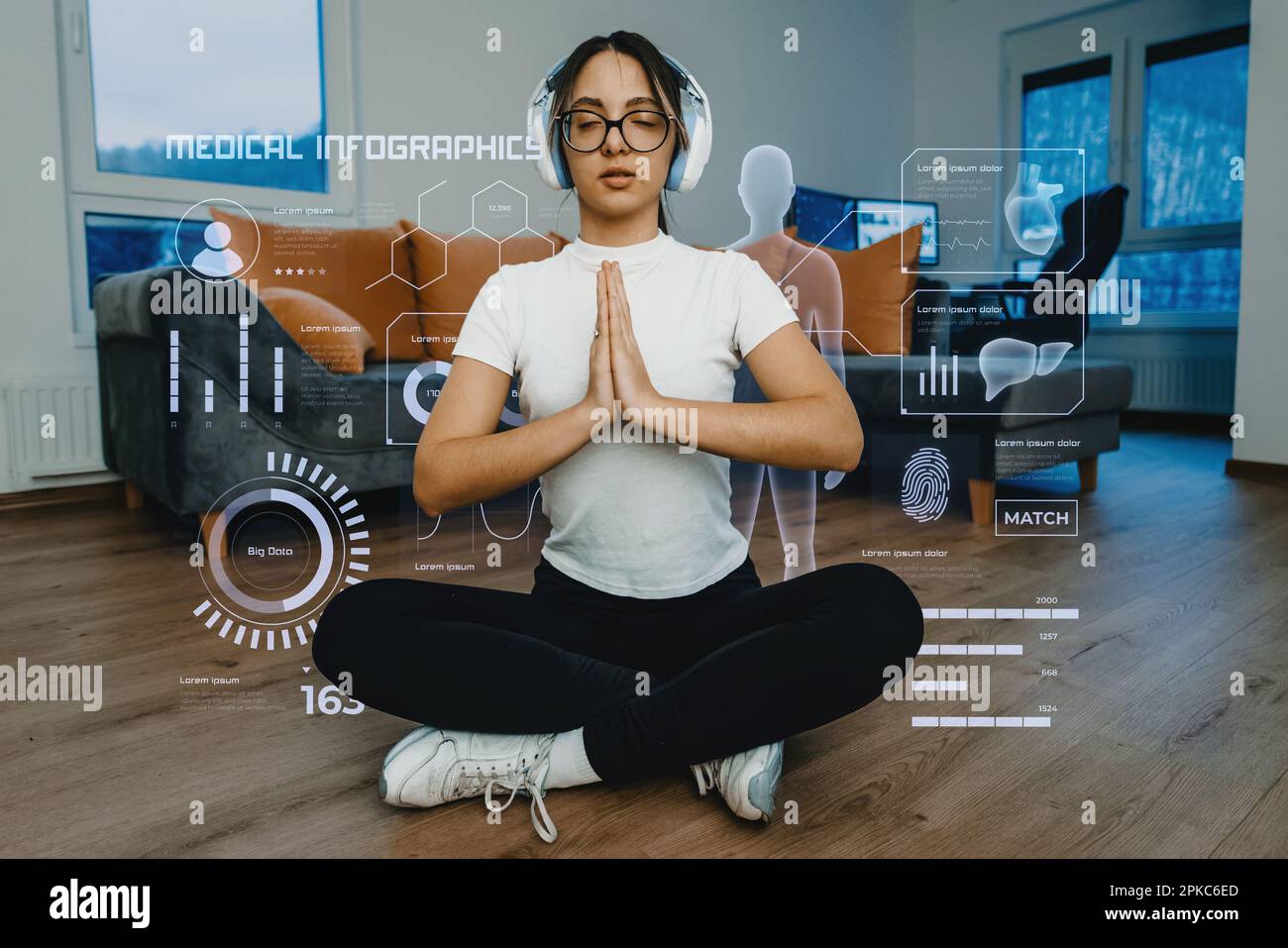 A woman using a smartphone while doing various exercises at home ...