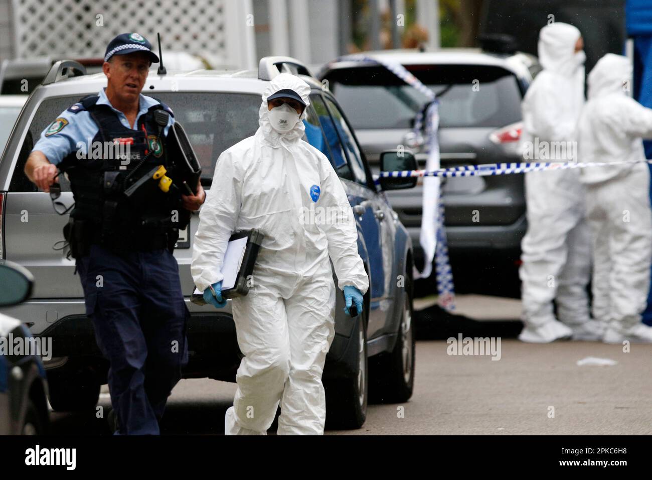 Forensic police at the scene of a police shooting, Newcastle, Friday ...