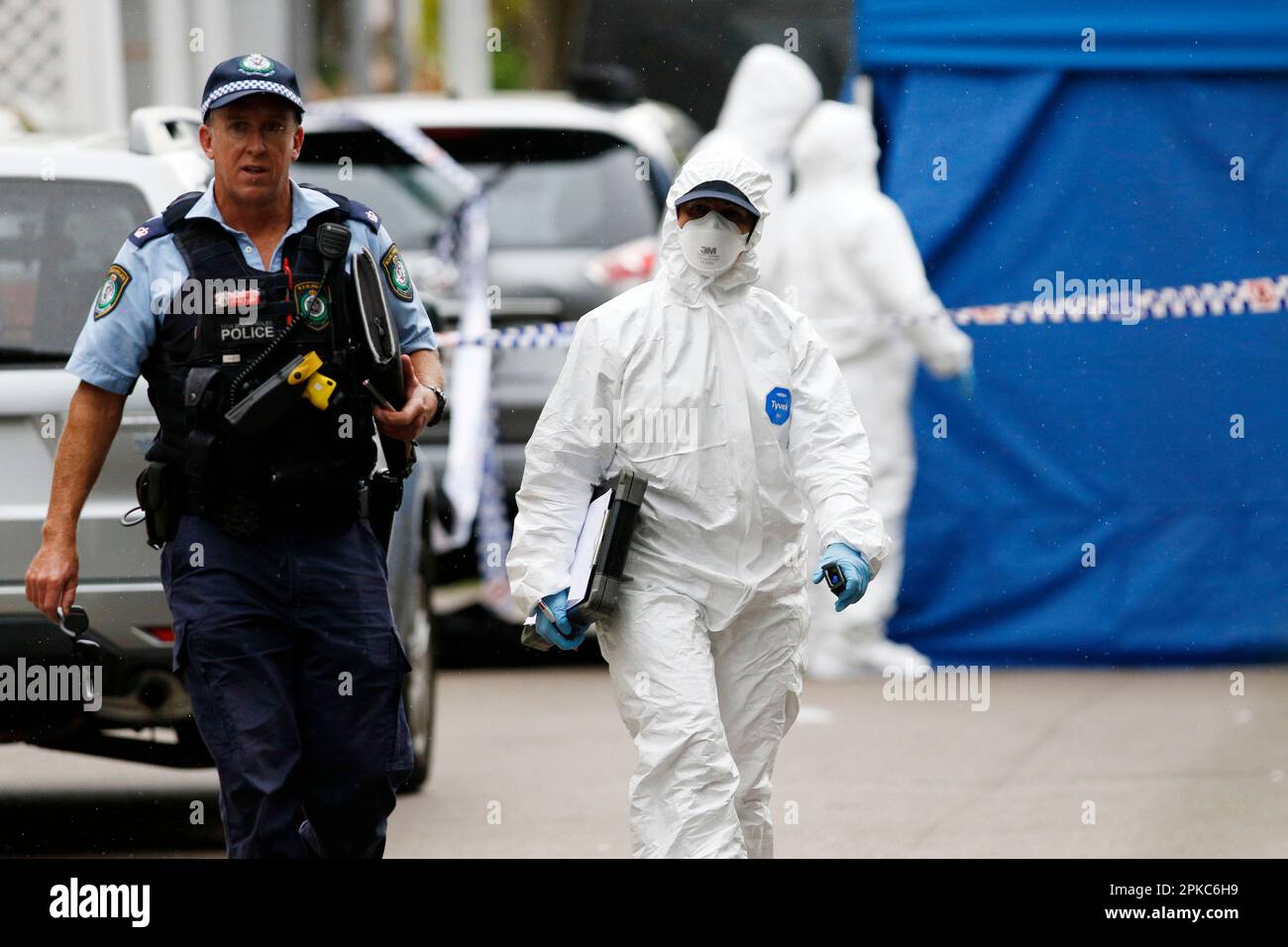 Forensic police at the scene of a police shooting, Newcastle, Friday ...