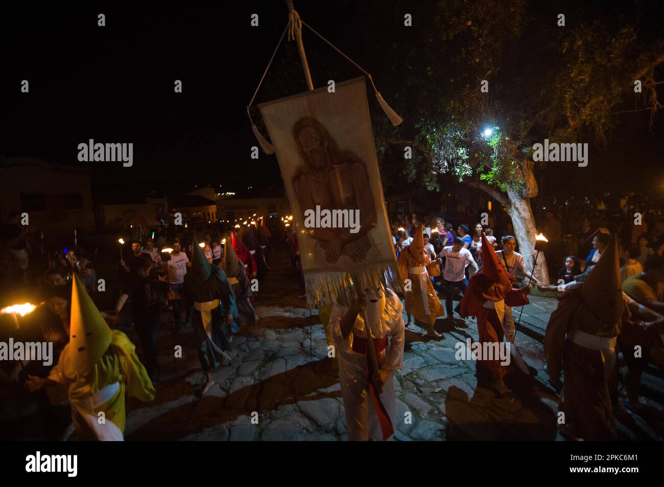 Traditional bonfire procession, held in the city of Goiás (GO), early ...
