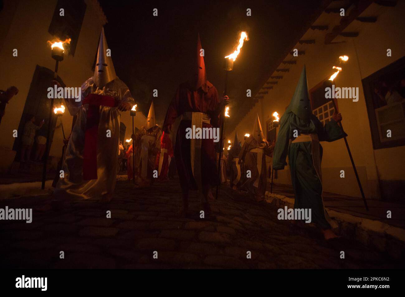 Traditional bonfire procession, held in the city of Goiás (GO), early ...