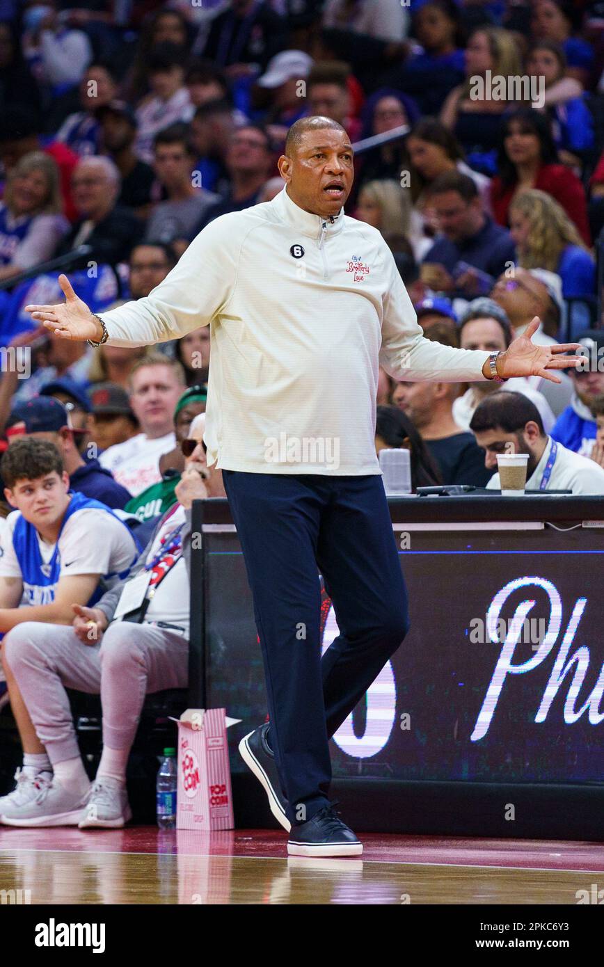 Philadelphia 76ers head coach Doc Rivers reacts on the sideline during ...