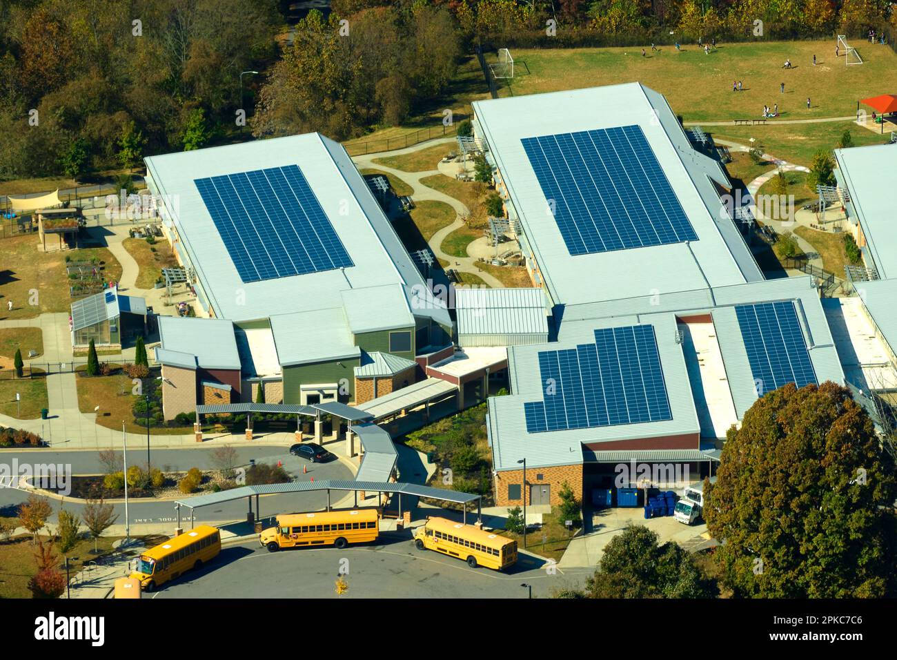 Roof of american school building covered with photovoltaic solar panels ...