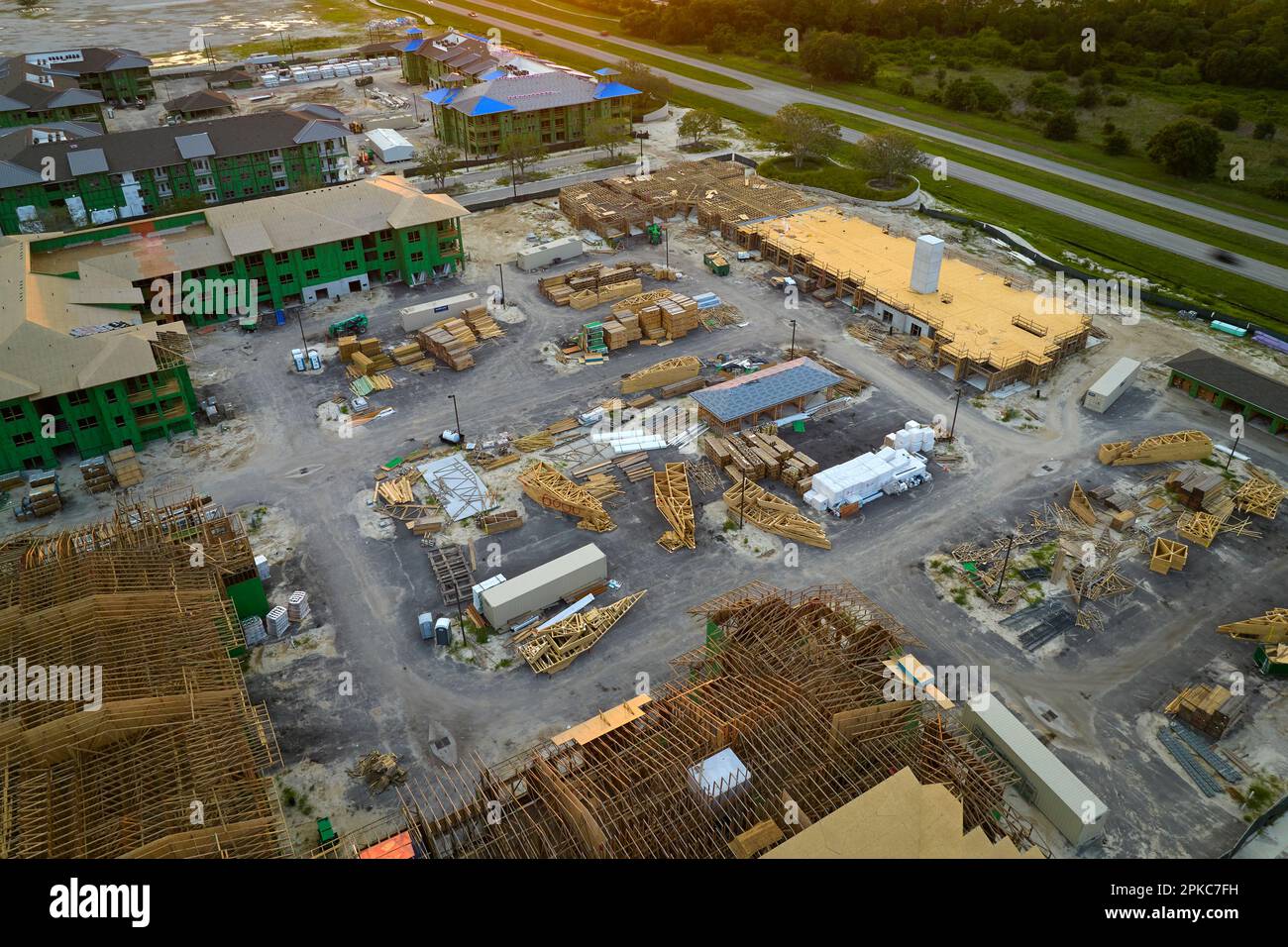 Top view of apartment buildings under construction in new developing ...