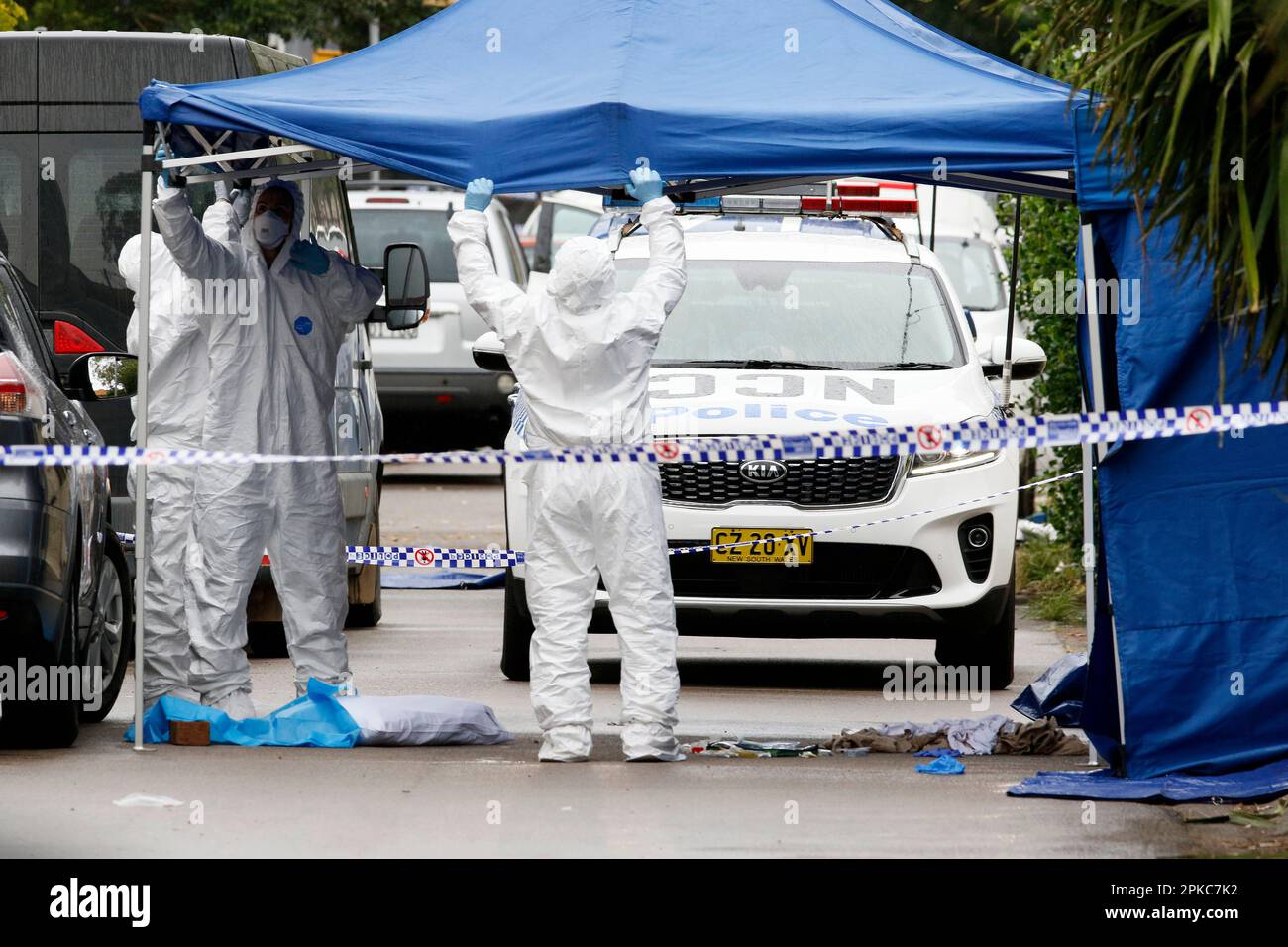 Forensic police at the scene of a police shooting, Newcastle, Friday ...