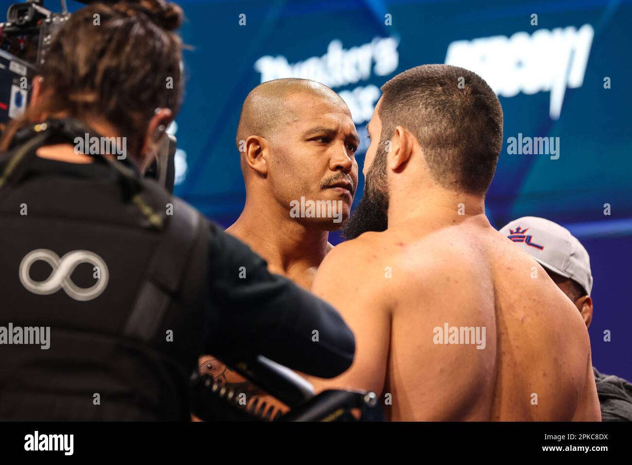 April 6, 2023: (L-R) Heavyweights Renan Ferreira and Rizvan Kuniev face ...