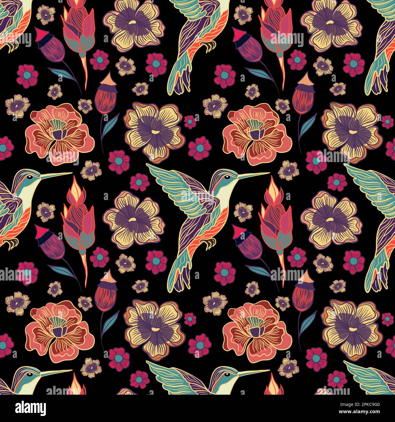 Seamless floral pattern with hummingbirds and flowers vector ...