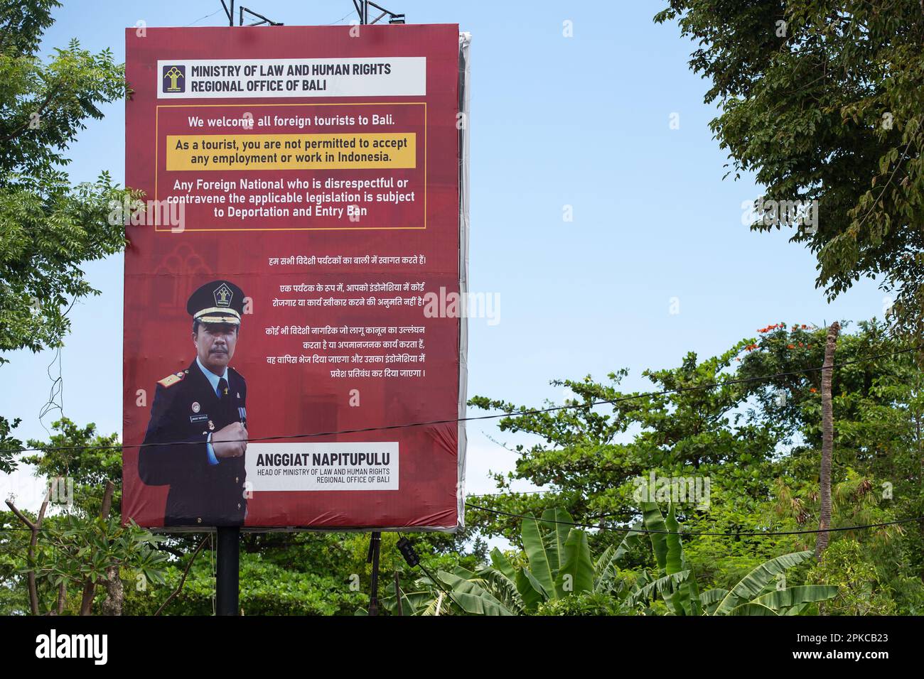 Bali, Indonesia - April 7, 2023: A board with a message to all tourists ...