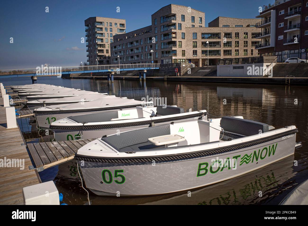 Rostock, Germany. 06th Apr, 2023. Electric boats of the rental company ...