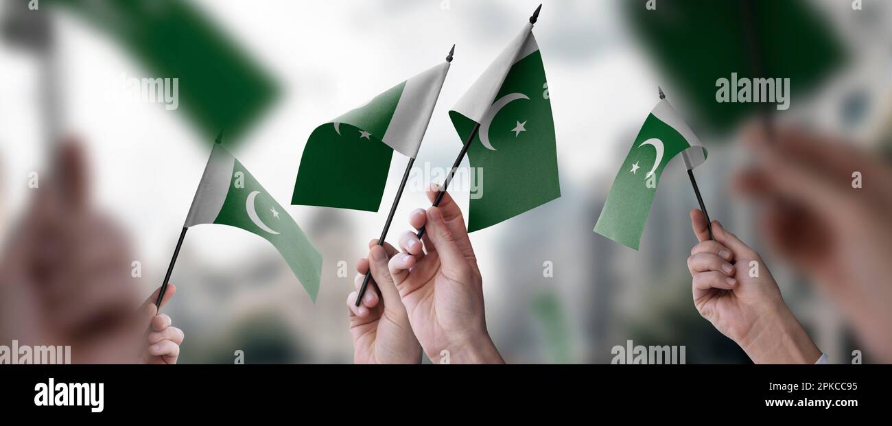A group of people holding small flags of the Pakistan in their hands ...