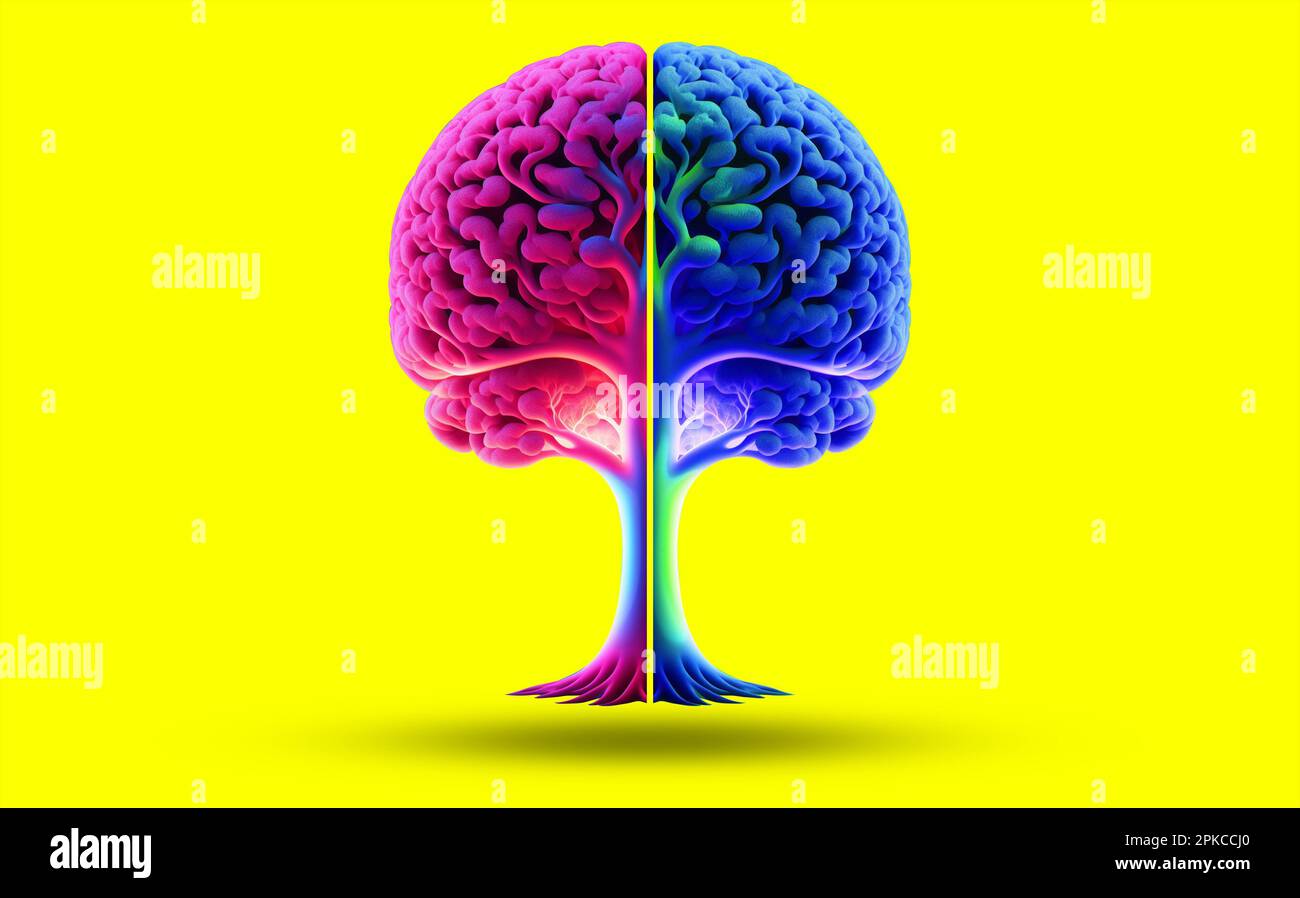 two-part Human Brain trees yellow isolated illustration concept art ...