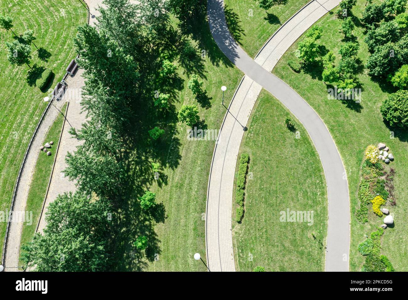 summer park landscape with walking paths among green trees. aerial top ...