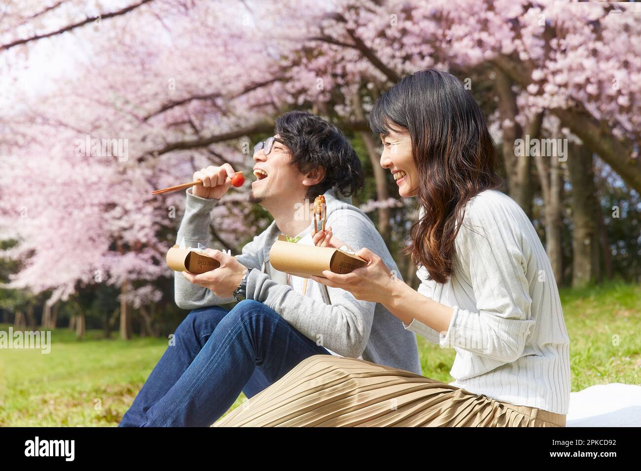 Couple eating bento under a cherry tree Stock Photo - Alamy