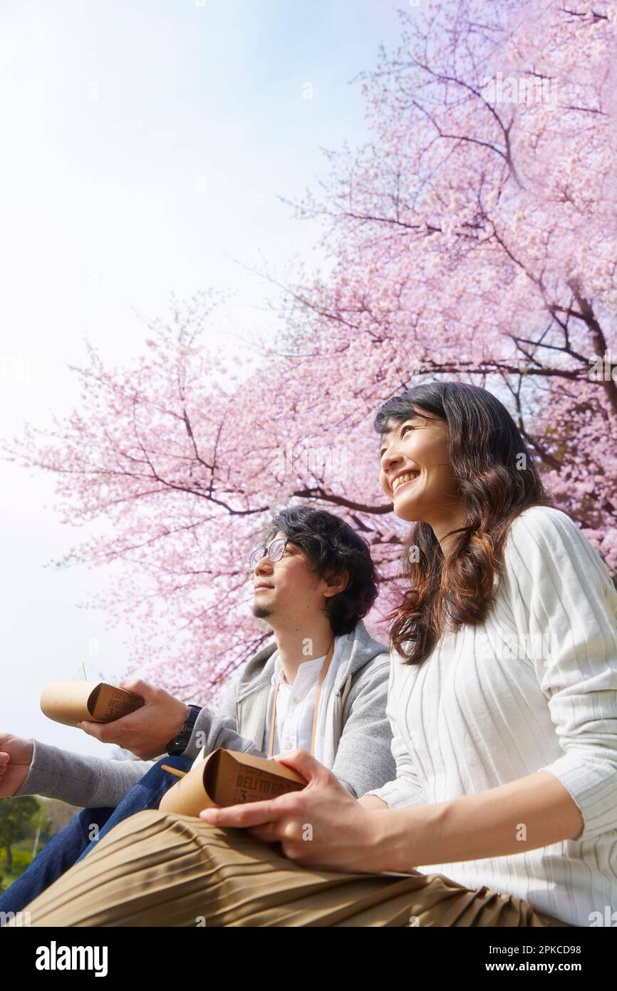 Couple eating bento under the cherry tree Stock Photo - Alamy