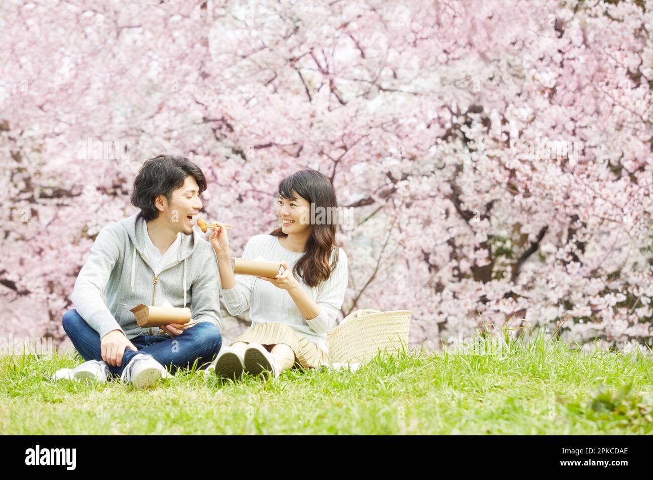 Couple eating lunch under the cherry tree Stock Photo - Alamy
