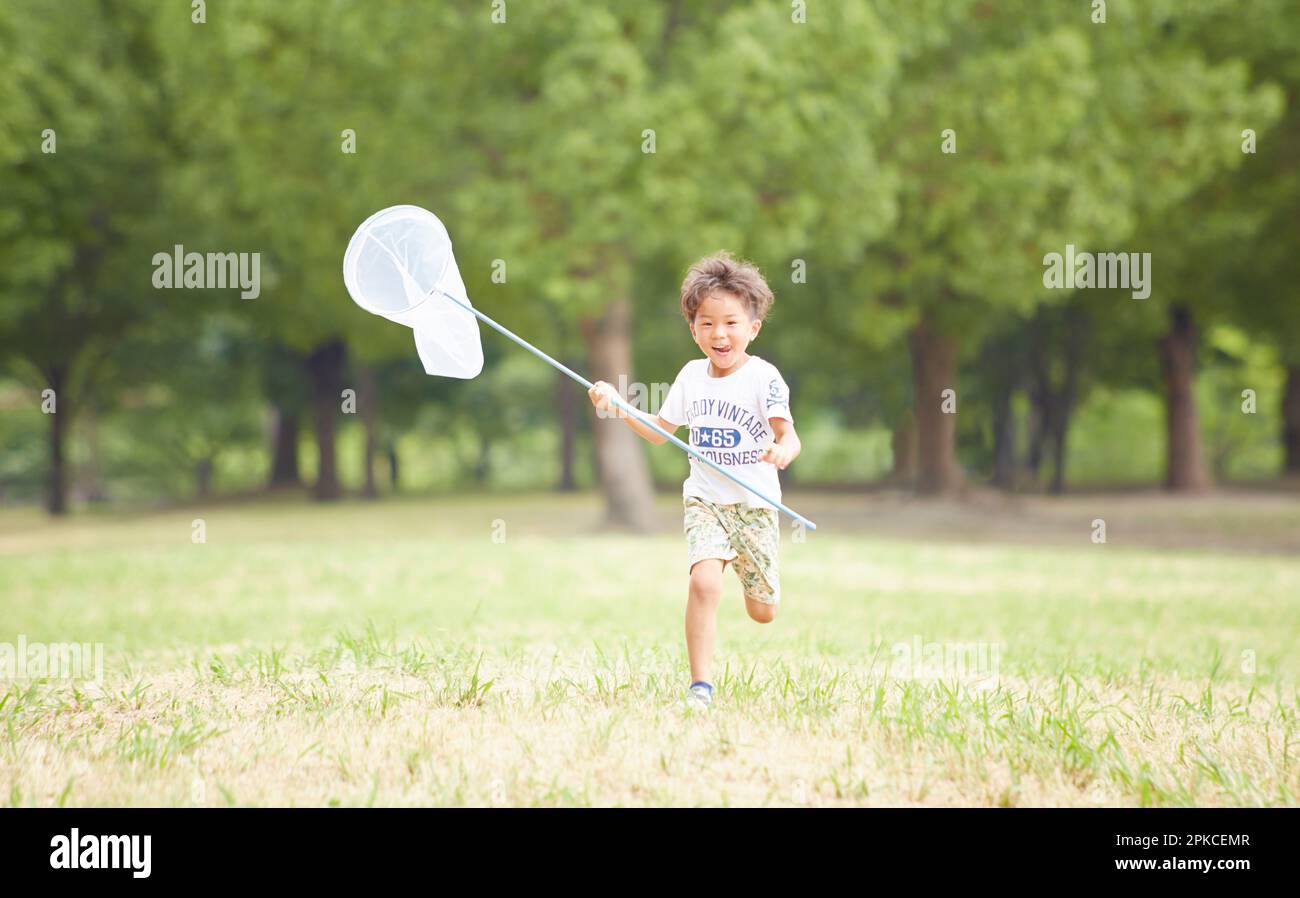 Boy running in the park with a bug net Stock Photo - Alamy