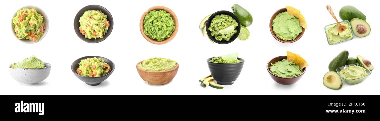 Set of delicious guacamole on white background Stock Photo - Alamy