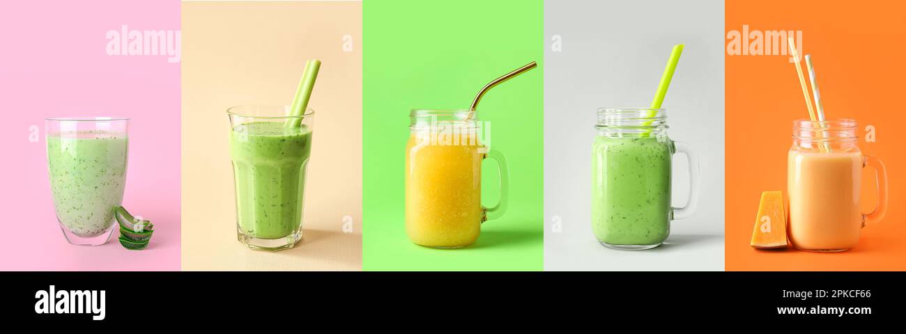 Set of fresh smoothies on colorful background Stock Photo - Alamy