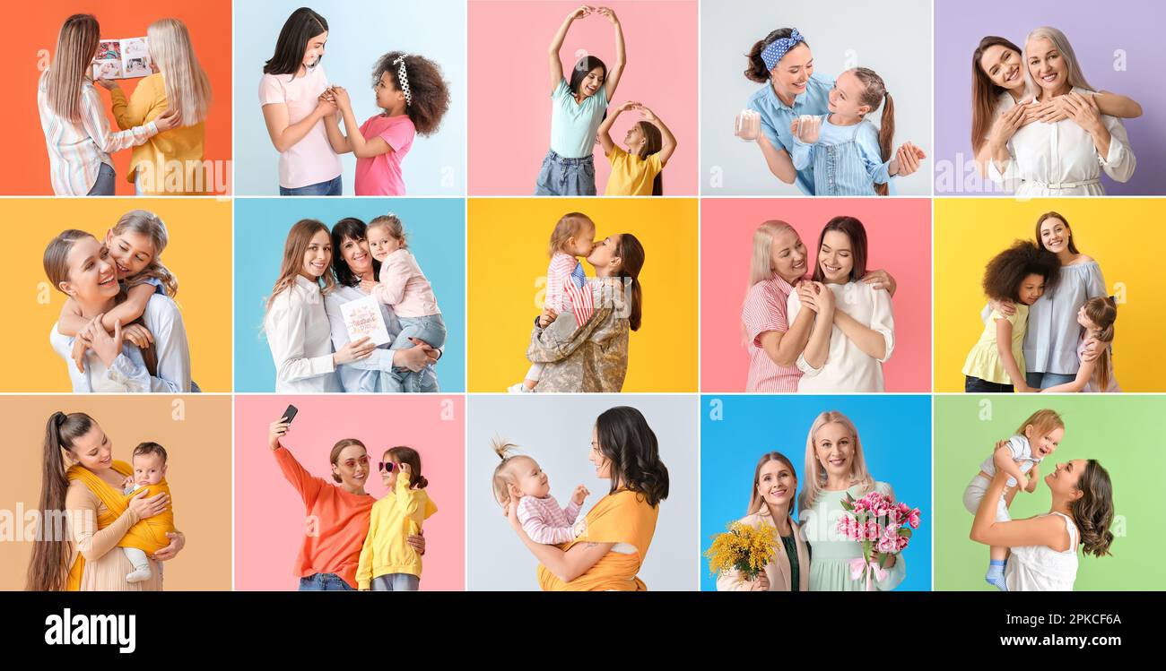 Collage with happy mothers and daughters on color background Stock ...