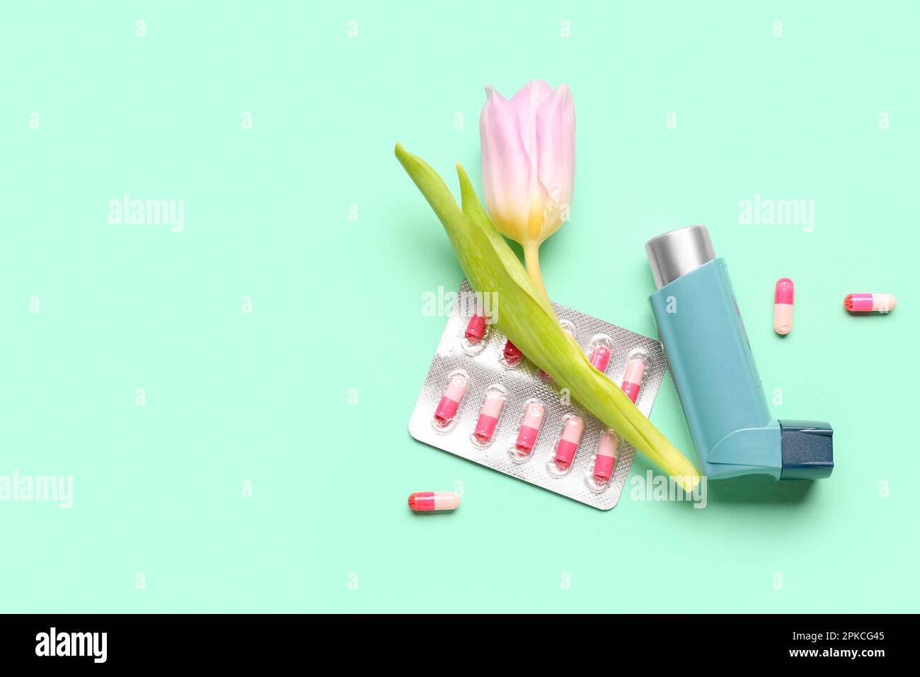 Asthma inhaler with pills and tulip on green background Stock Photo - Alamy
