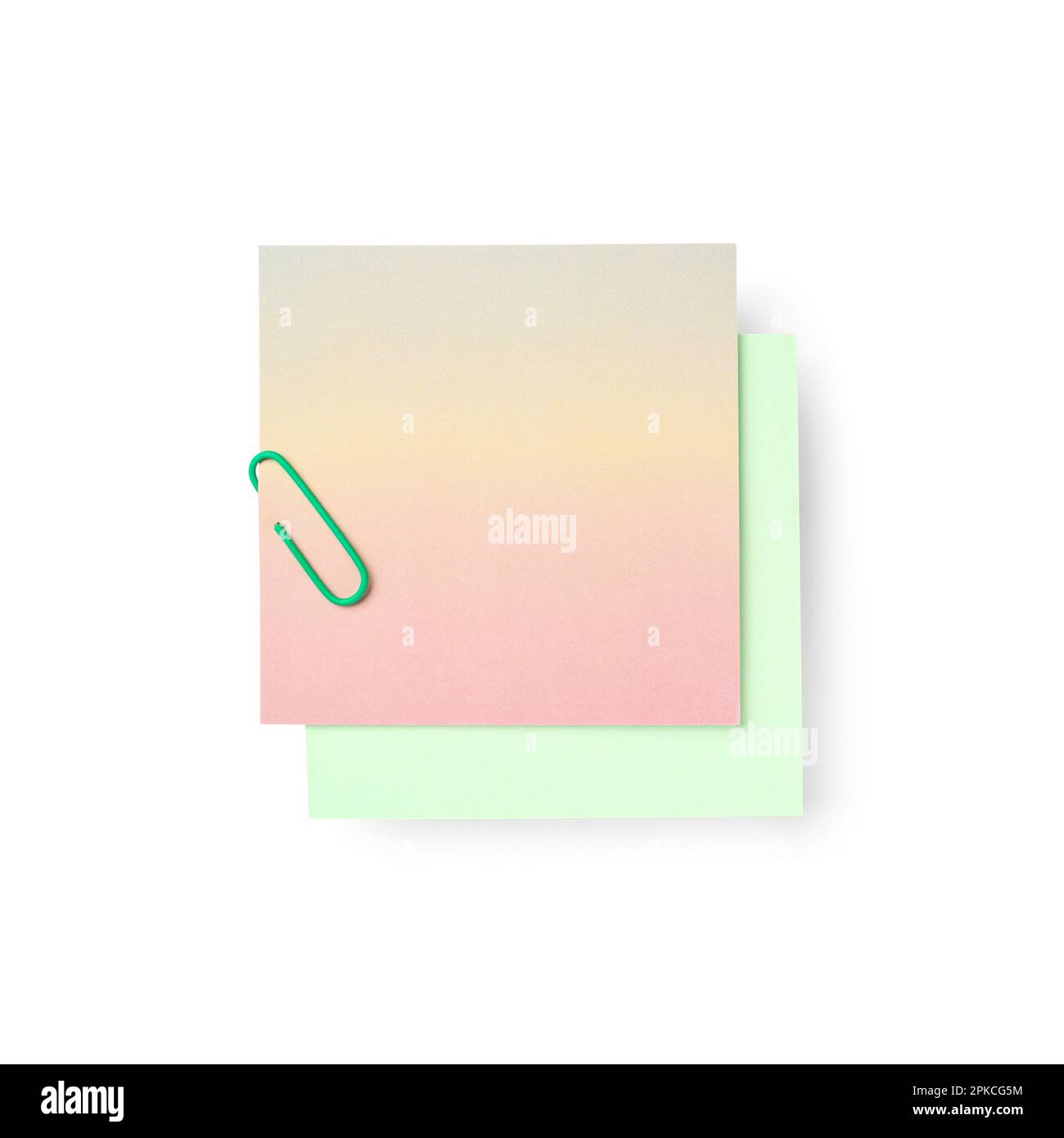 Gradient and green sticky notes with paper clip on white background ...