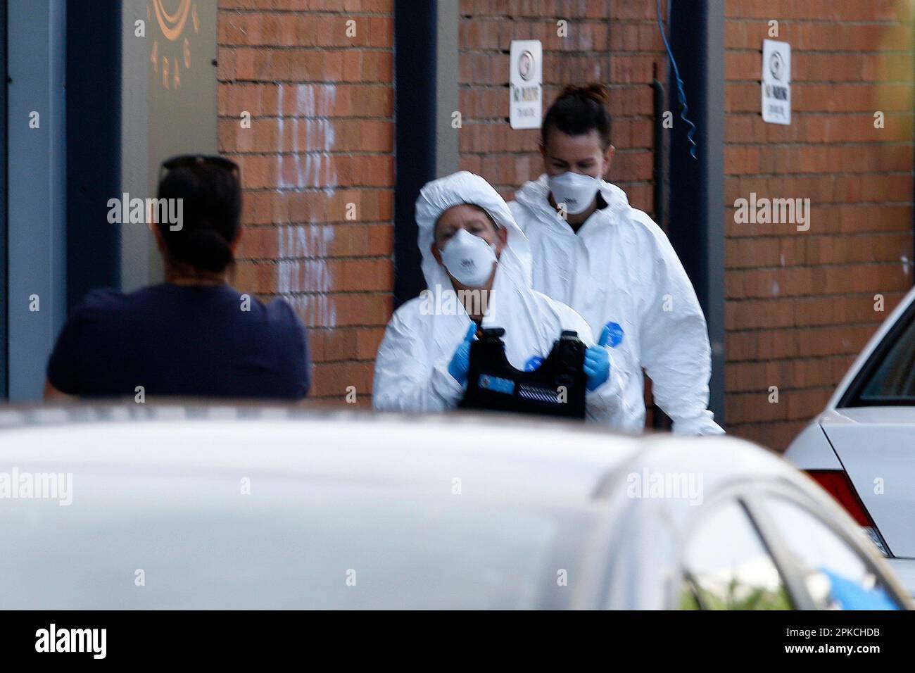 Forensic police at the scene of a police shooting, Newcastle, Friday ...