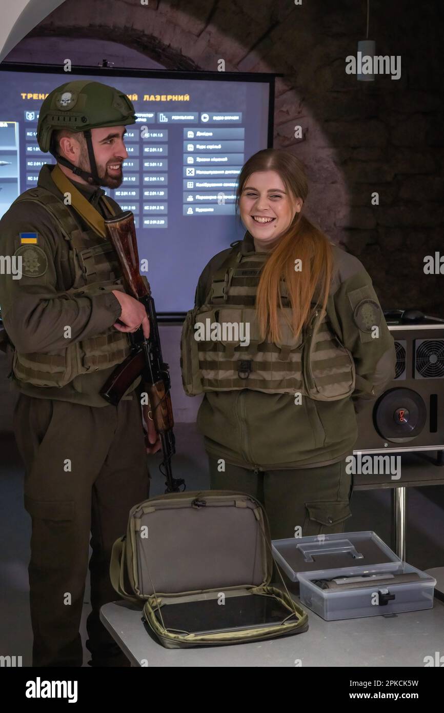 Lviv, Ukraine. 16th Feb, 2023. A military woman and a military man ...
