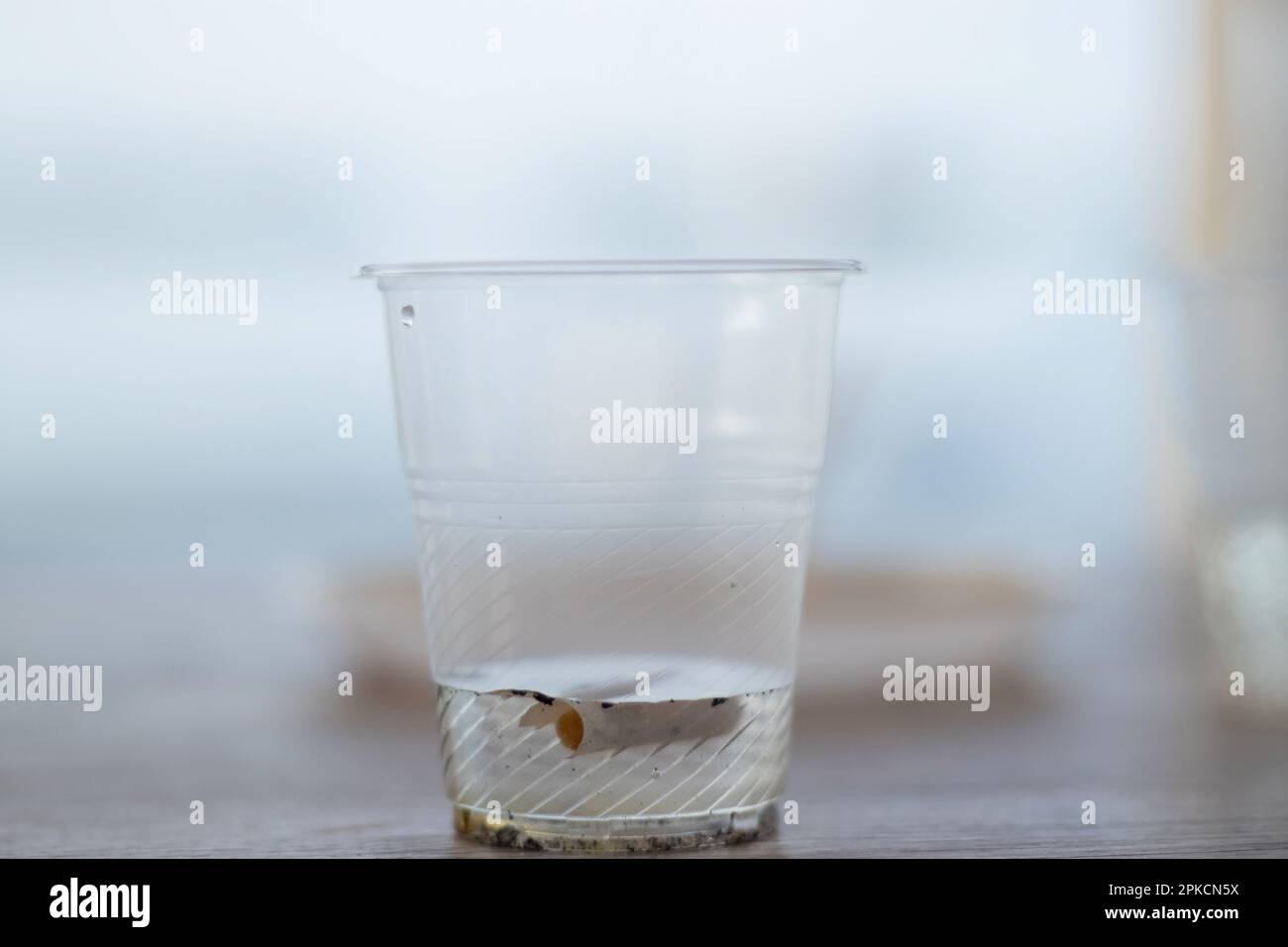 filter from a cigarette smoked floats in a plastic glass Stock Photo ...