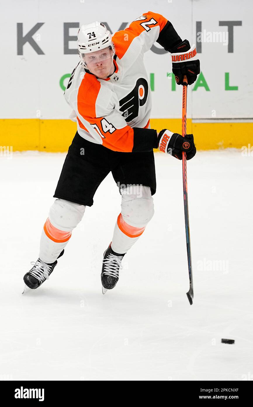 Philadelphia Flyers right wing Owen Tippett makes a pass during an NHL ...