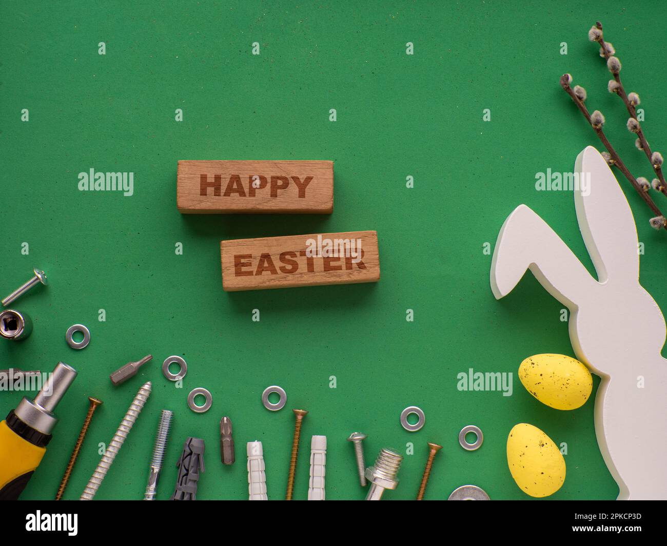 Easter background with hand tools, fasteners, fittings, eggs and white ...