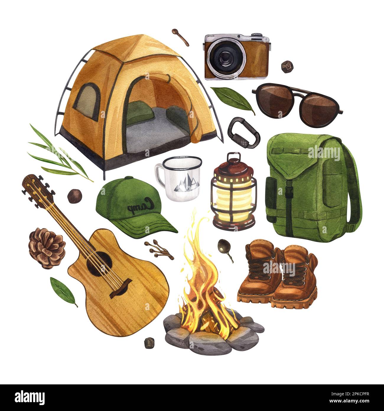 Watercolor round composition campsite with tent, campfire, backpack ...