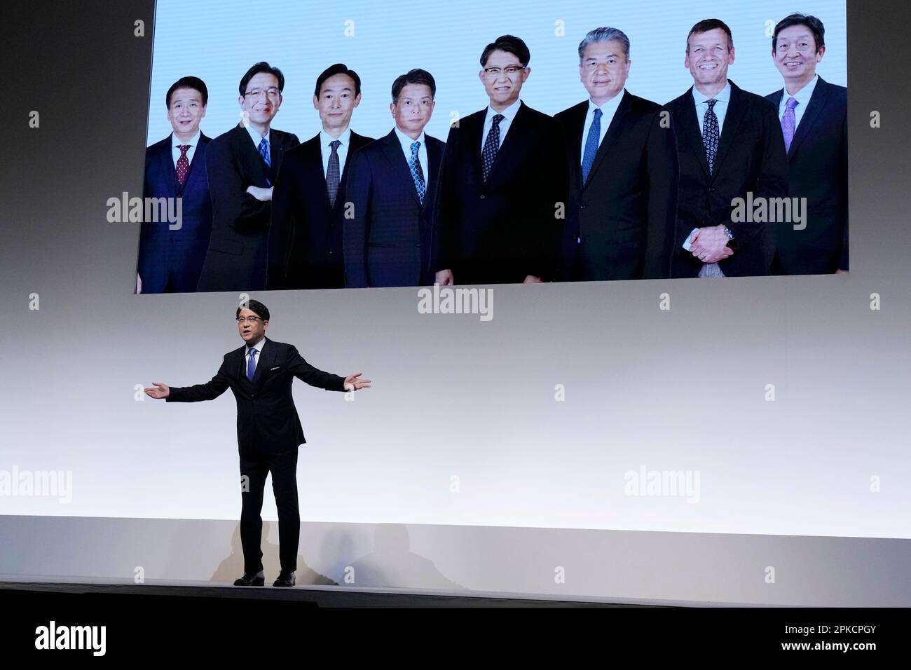 Koji Sato, president of Toyota Motor Co., delivers a speech during a ...