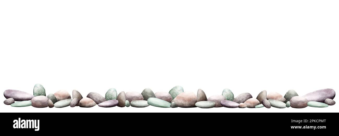 Watercolor banner, border with river, sea stones, pebbles. Hand drawn ...