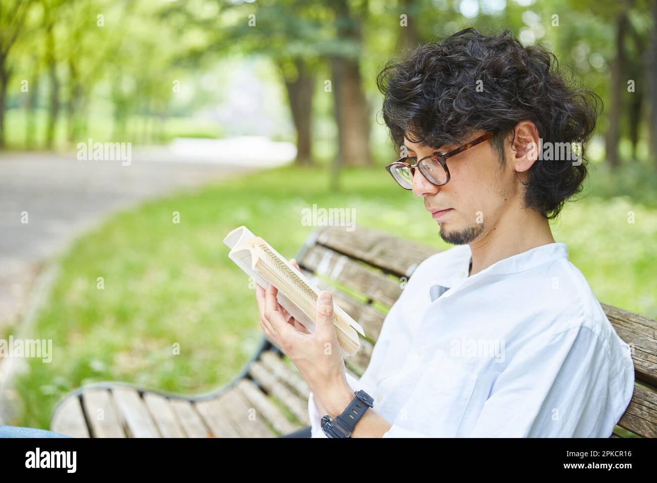 Man reading book sitting on park bench Stock Photo - Alamy